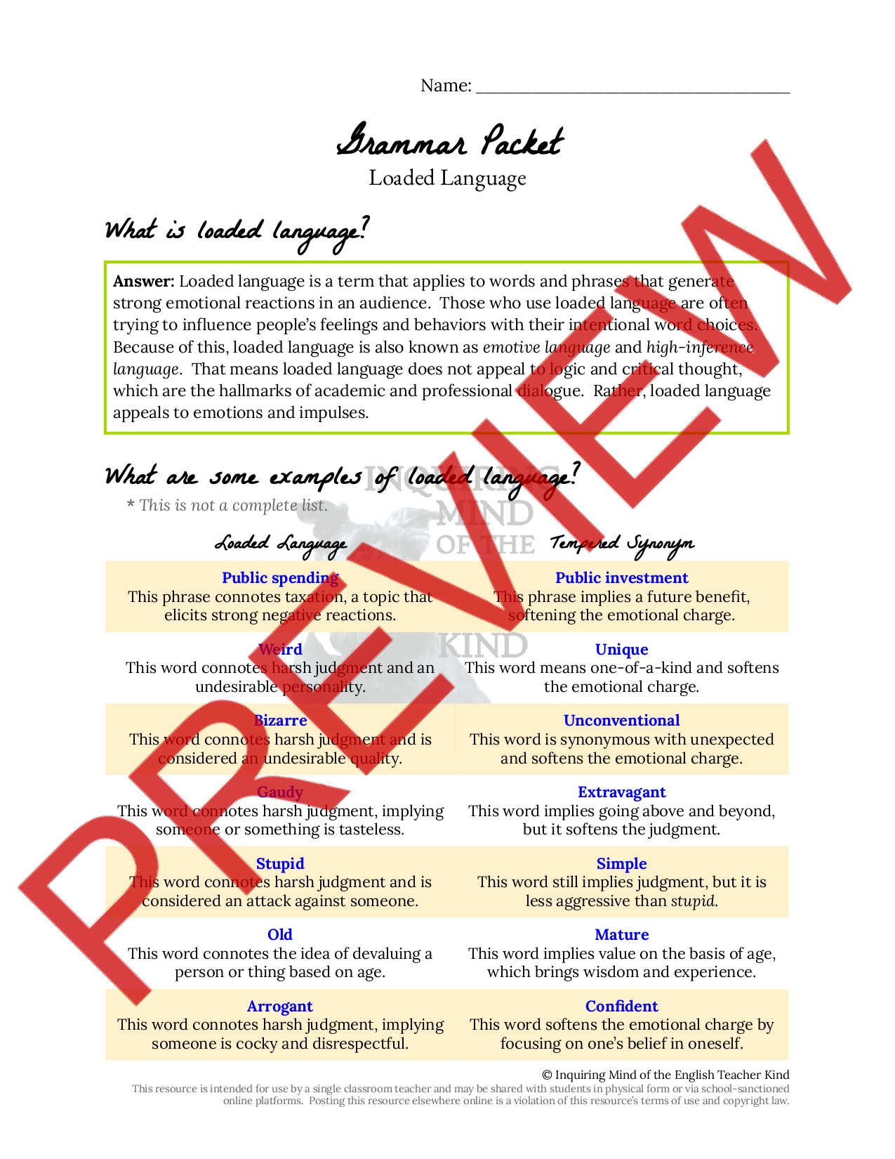 Grammar Worksheet On Loaded Language Teaching Resources
