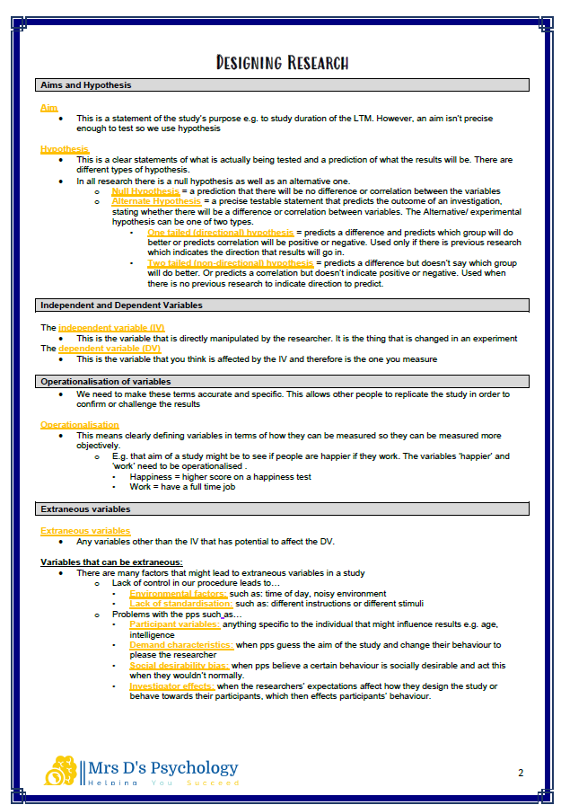 Research Methods (AS) (AQA Psychology) - Full Topic Notes & Glossary ...