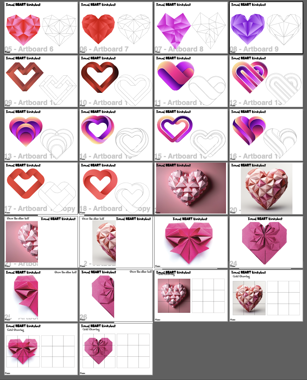 Tonal Heart Drawing (26 Worksheets) Valentines Day Activities ...