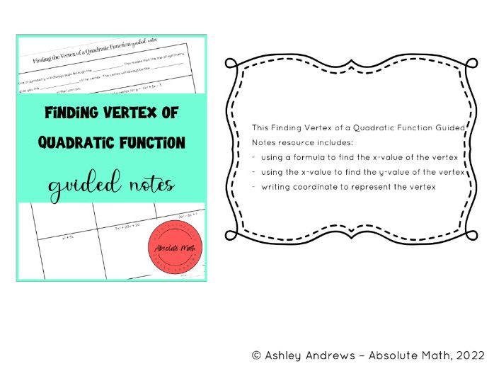 Finding the Vertex of a Quadratic Function Guided Notes | Teaching ...