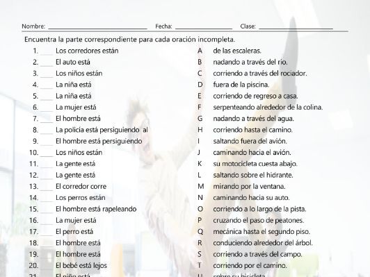 Movement Prepositions Sentence Match Spanish Worksheet | Teaching Resources