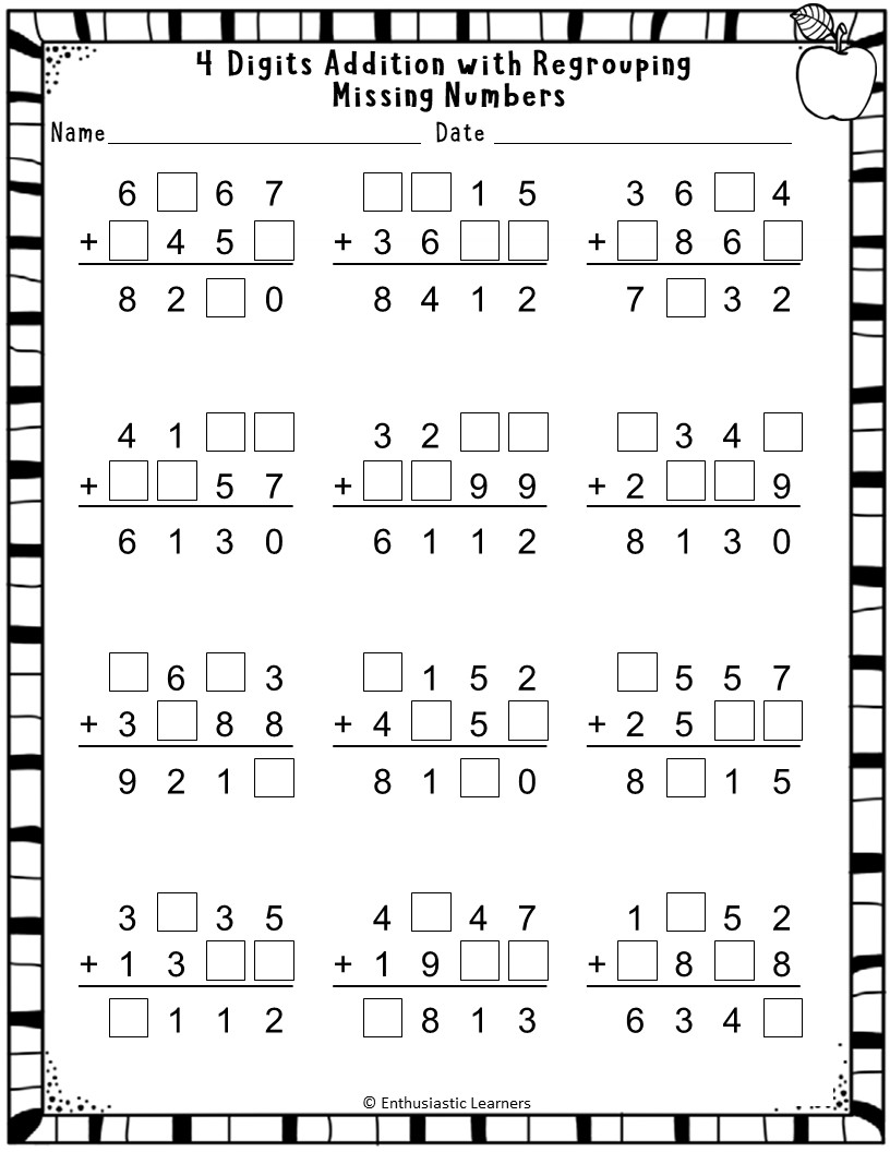 4-Digit Addition with Regrouping Missing Numbers Worksheets – Practice ...