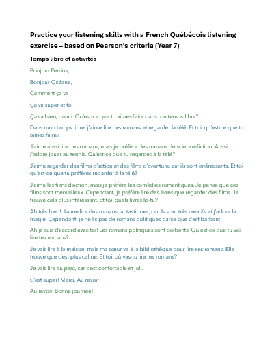 French Listening Exercice Y7 - Free time and activities | Teaching ...
