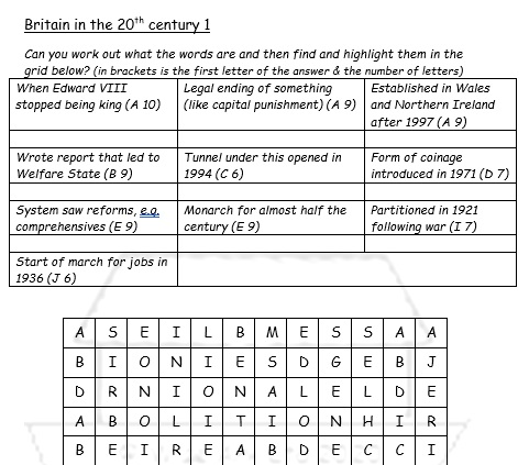 Britain and the 20th century word searches & quiz combined | Teaching ...
