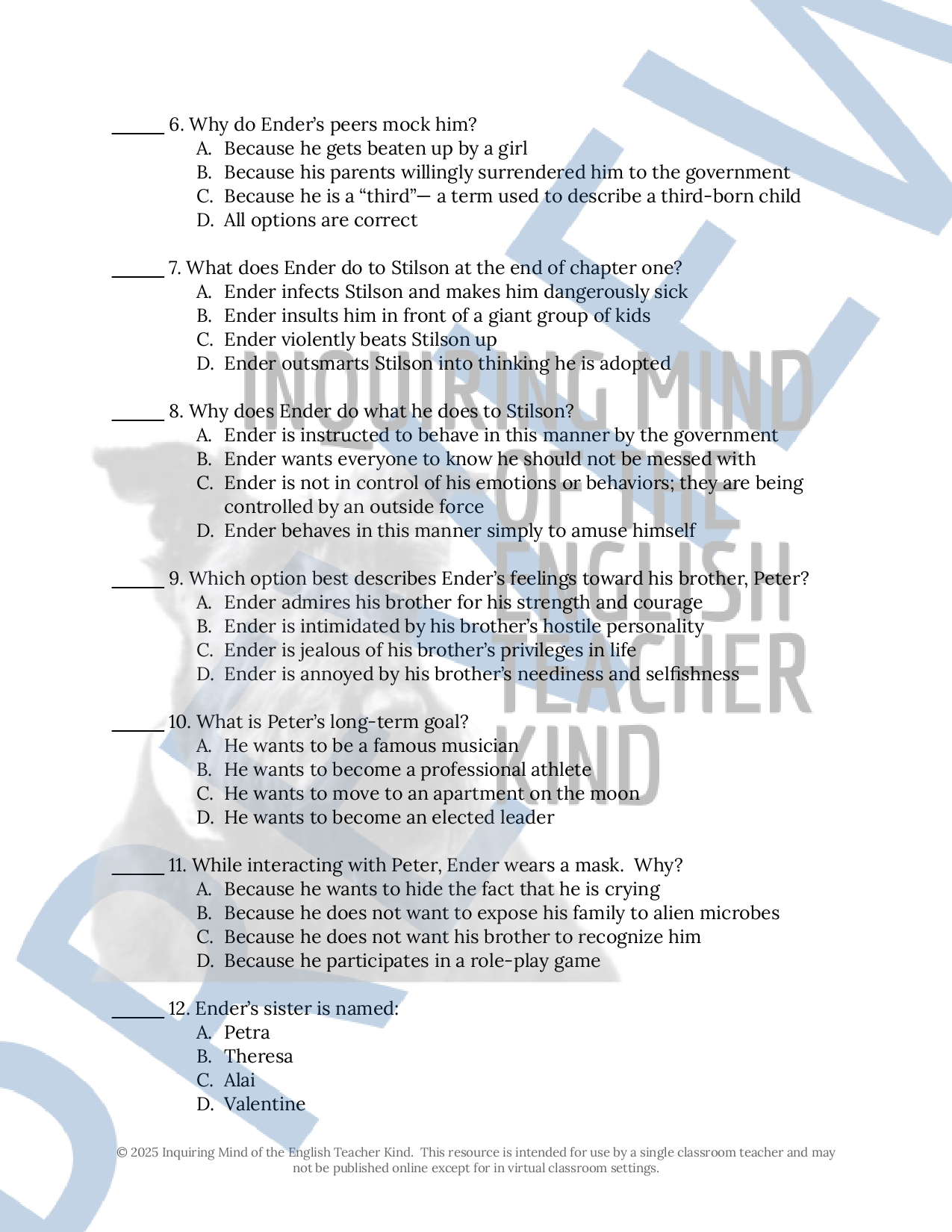 Ender's Game Chapters 1 and 2 Quiz and Answer Key | Teaching Resources