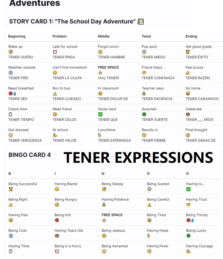 Spanish TENER Expressions, Bingo , Story | Teaching Resources