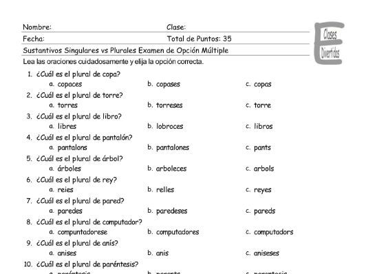 Singuar versus Plural Nouns Spanish Multiple Choice Exam | Teaching ...