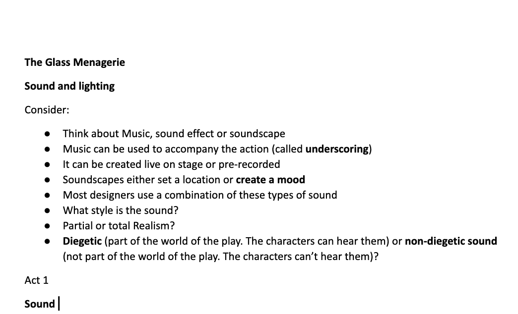 The Glass Menagerie Sound & Lighting Design Revision Worksheet ...