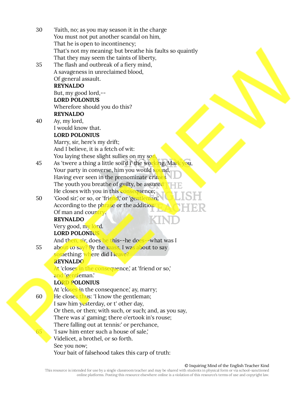 Hamlet Act 2 Scene 1 Close Reading Worksheet | Teaching Resources