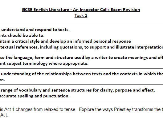 25 x An Inspector Calls Practice Questions with Assessment Objectives ...