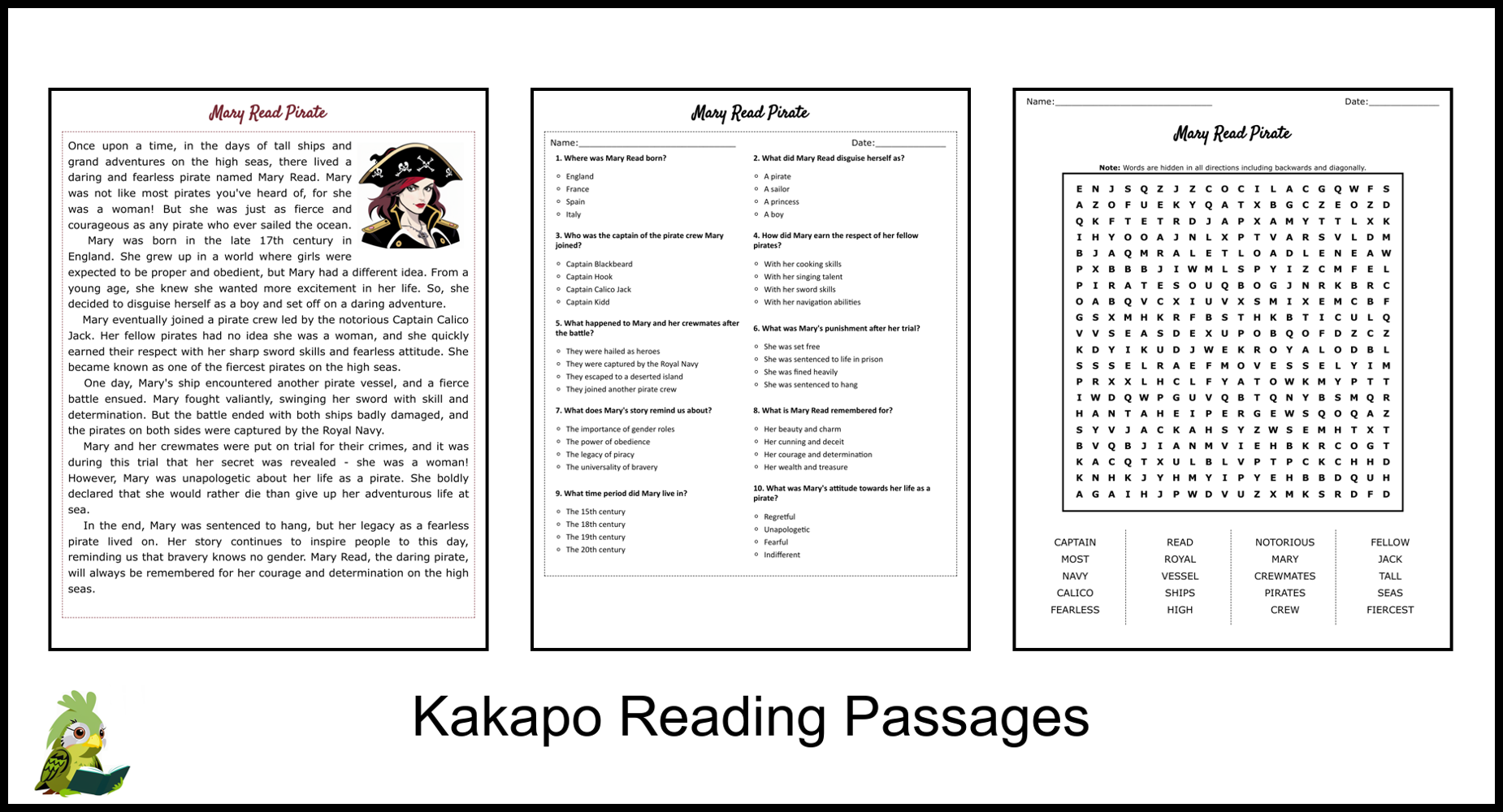 Mary Read Pirate Reading Comprehension and Word Search | Teaching Resources