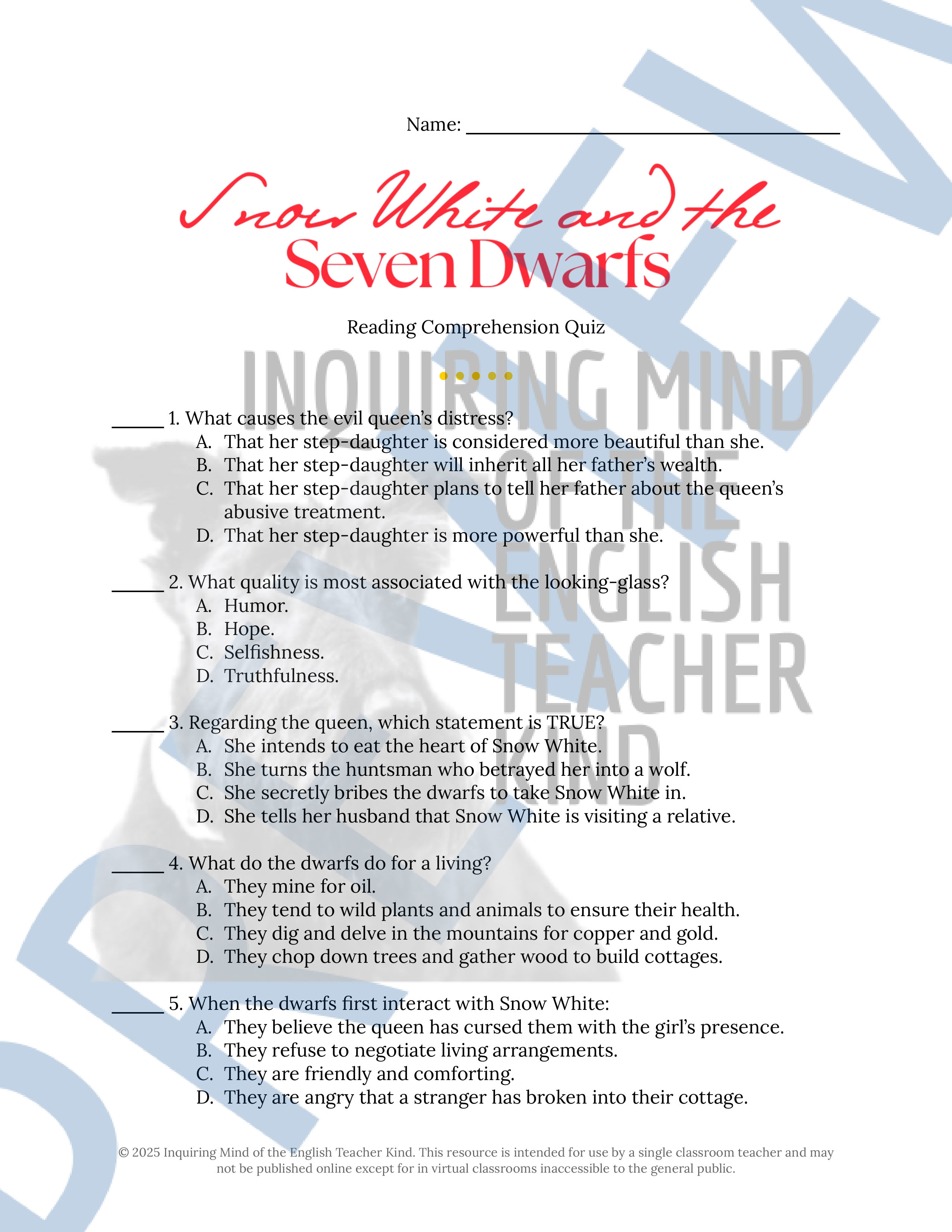 "Snow White and the Seven Dwarfs" Quiz and Answer Key (Grimm's Tale ...