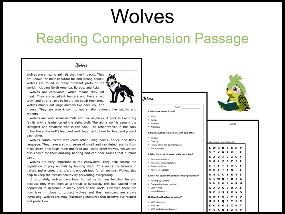 Wolves Reading Comprehension and Word Search | Teaching Resources