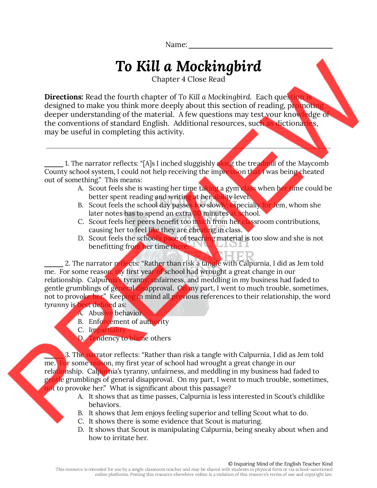 To Kill a Mockingbird Chapter 4 Close Reading Worksheet | Teaching ...
