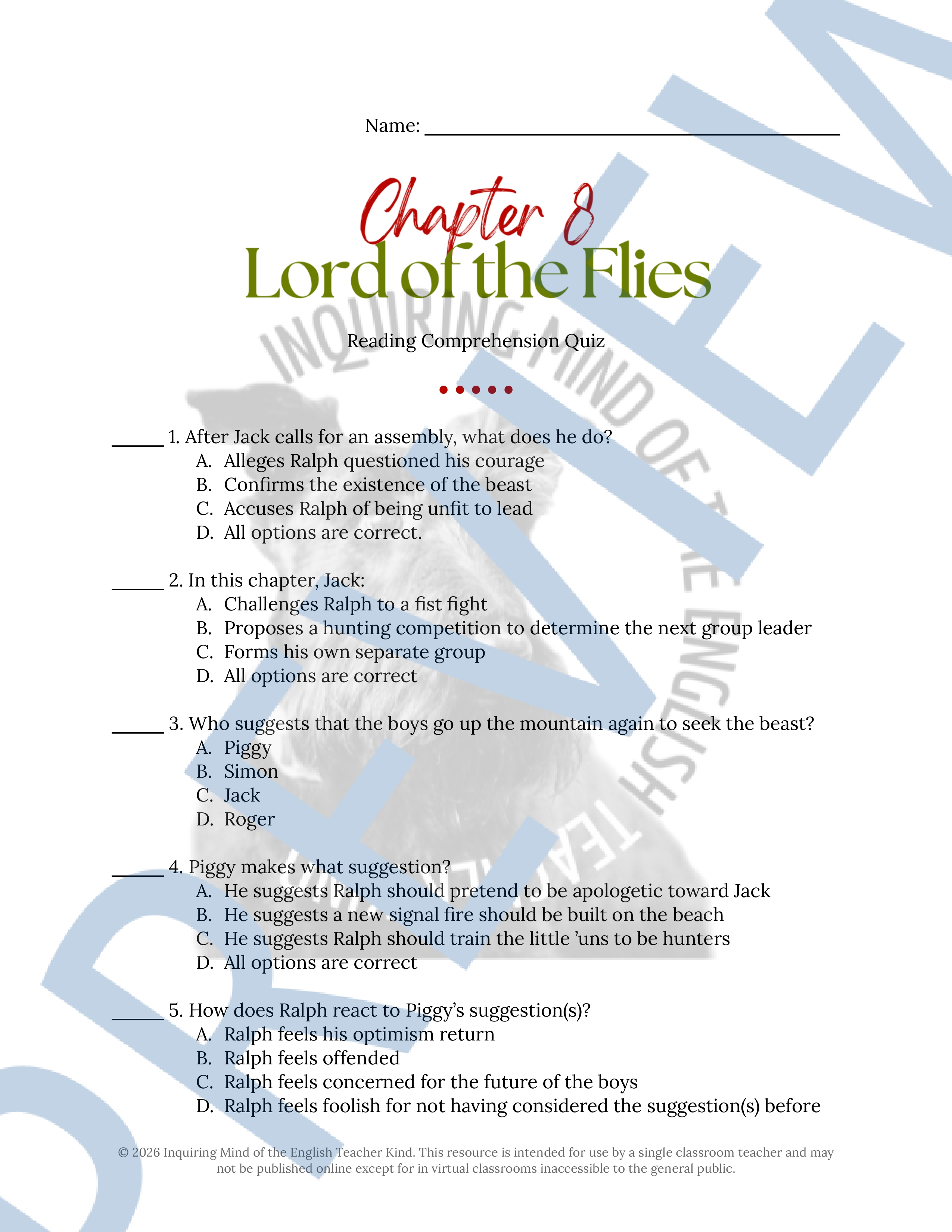 Lord of the Flies Chapter 8 Quiz and Answer Key | Guided Reading ...