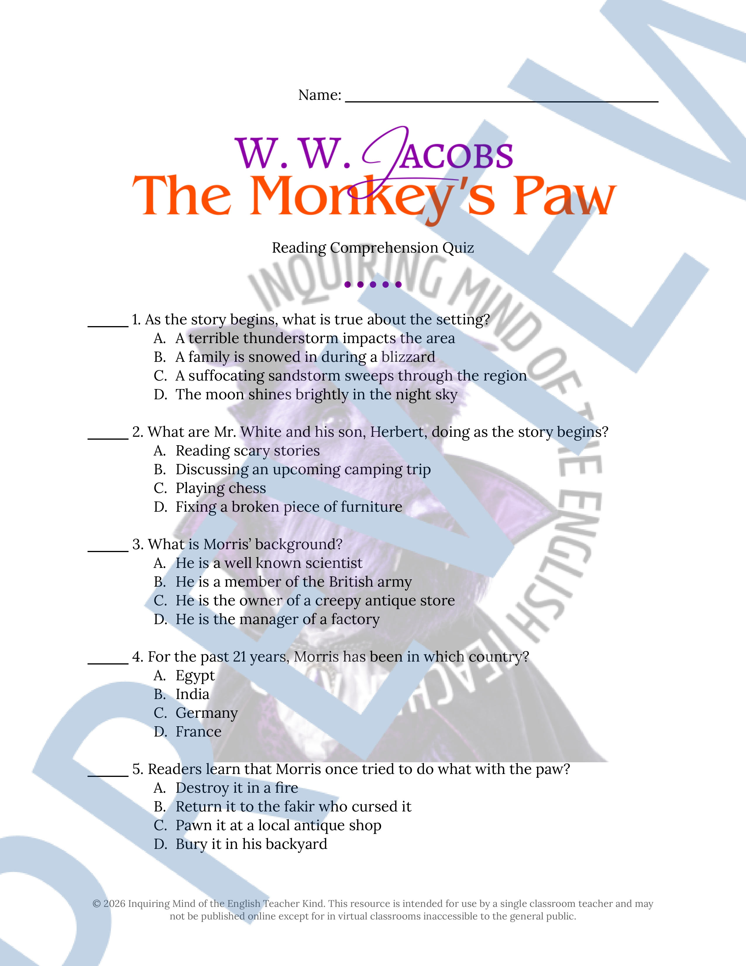 "The Monkey's Paw" by W. W. Jacobs Quiz and Answer Key | Guided Reading ...
