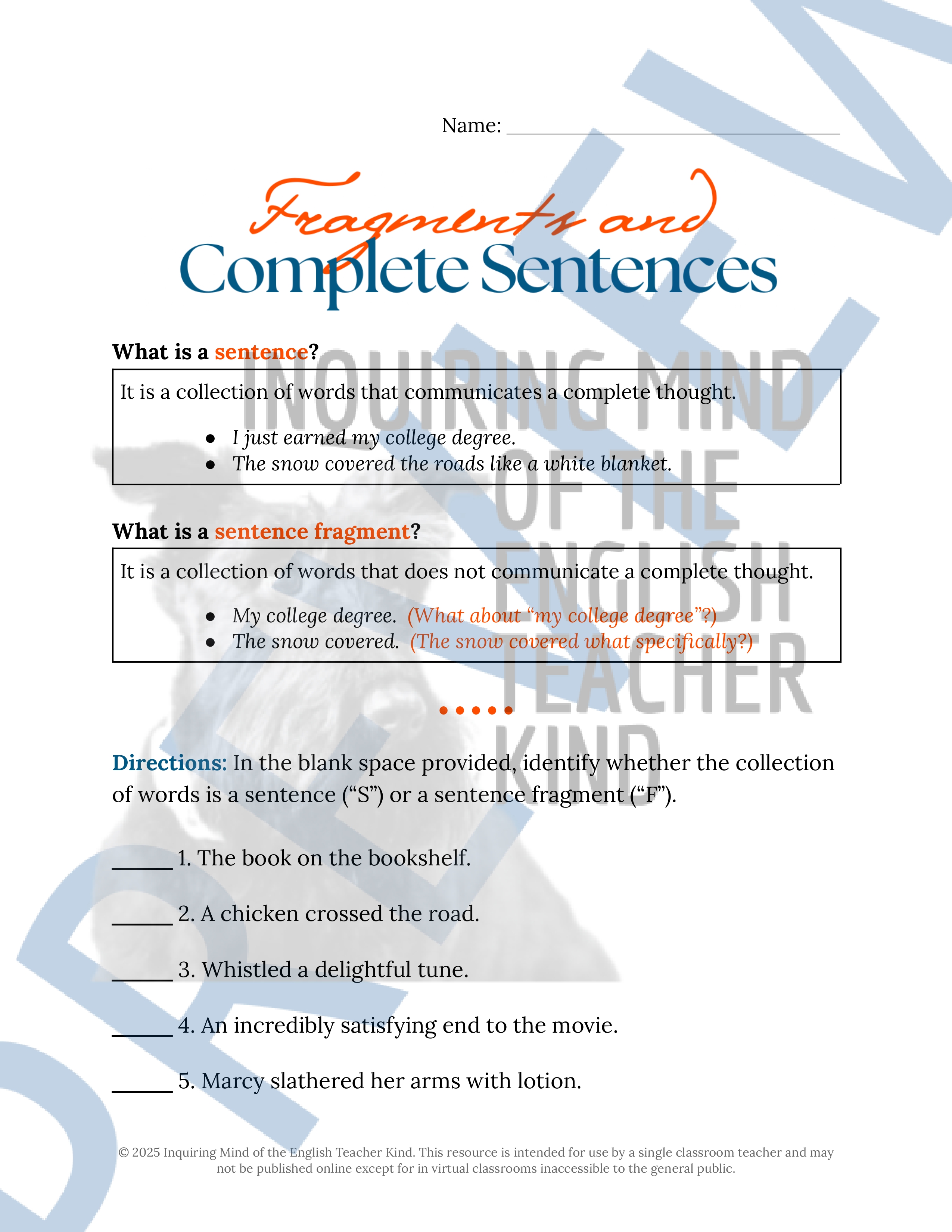 Grammar Practice Review Worksheet on Complete Sentences and Fragments ...
