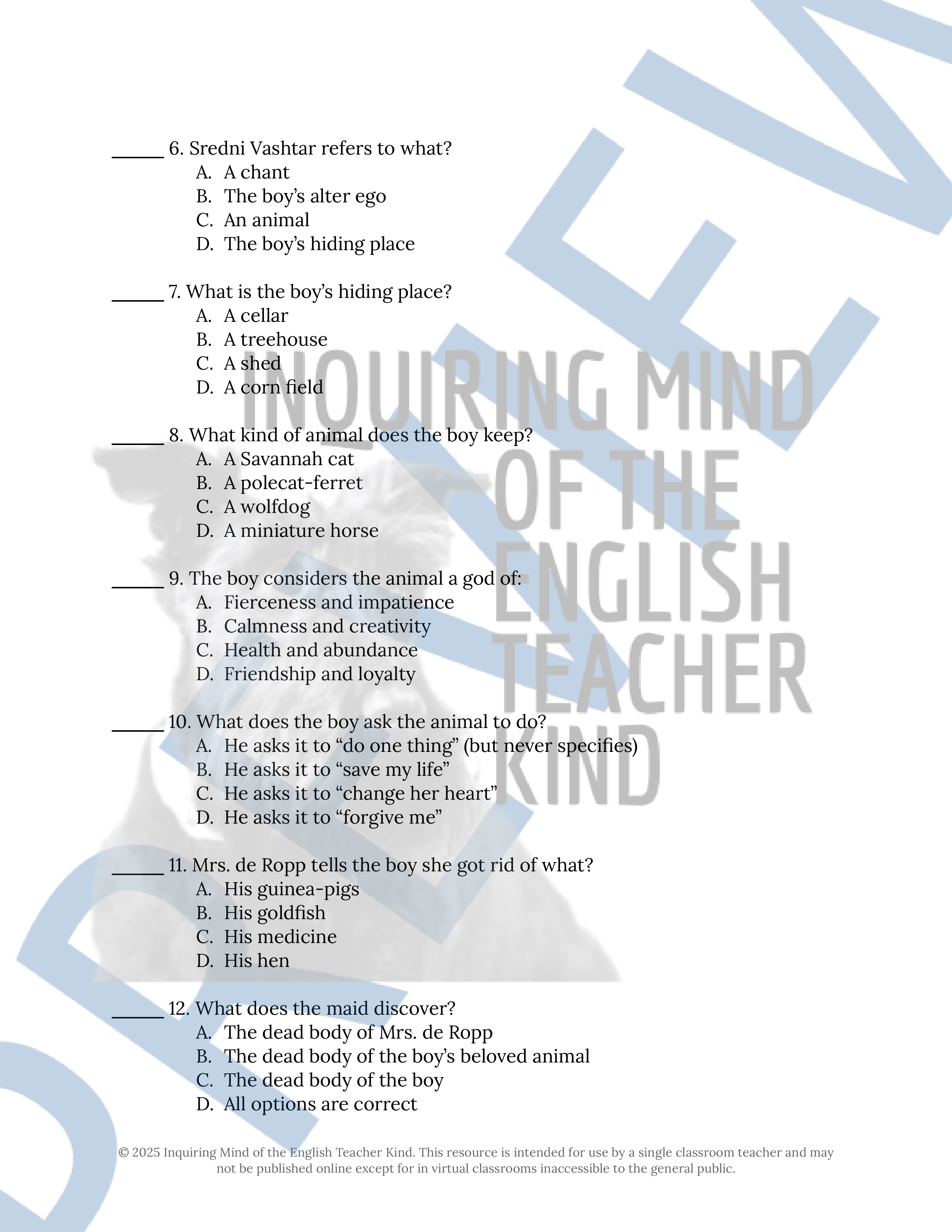 "Sredni Vashtar" by Saki Quiz and Answer Key (Short Story for Halloween ...