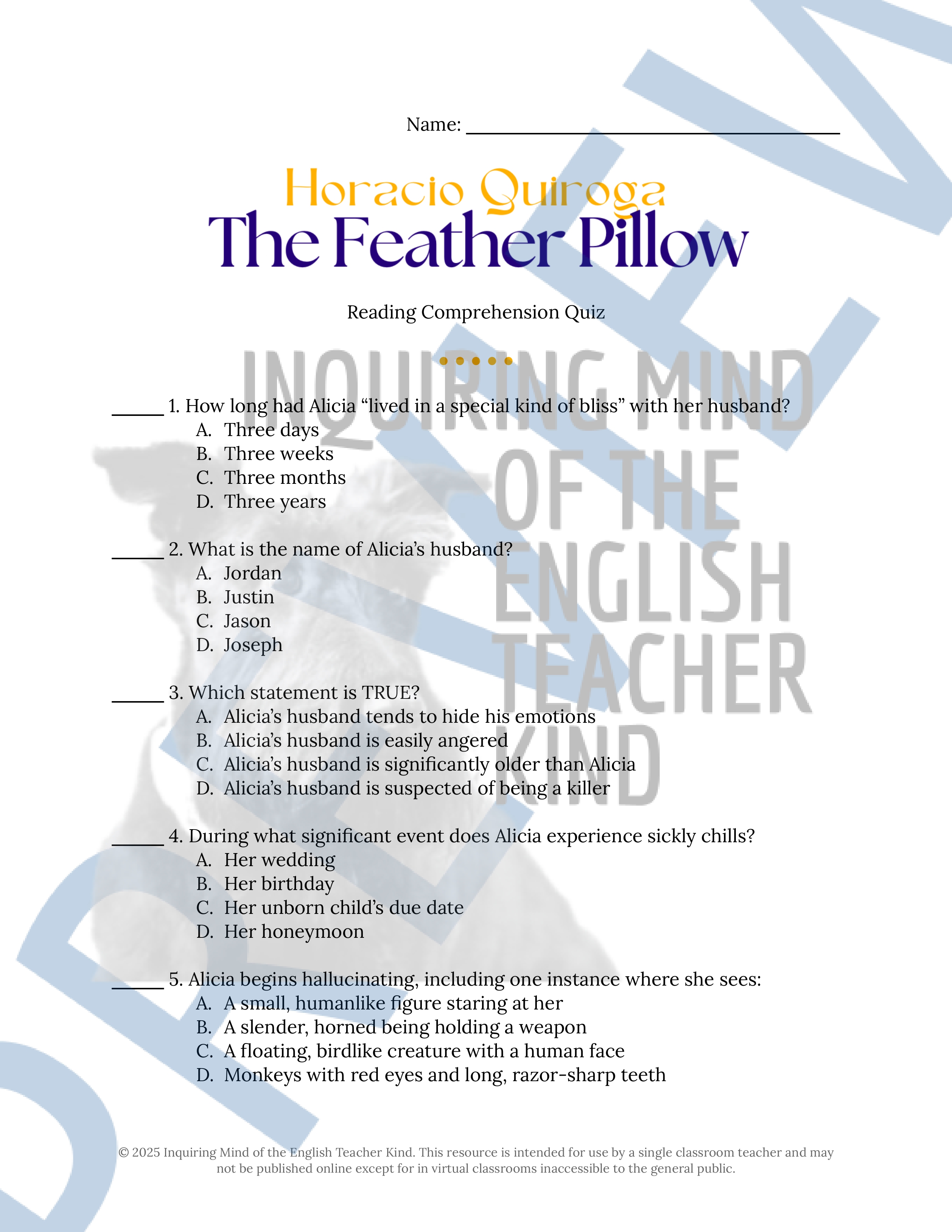"The Feather Pillow" by Horacio Quiroga Quiz and Answer Key ...