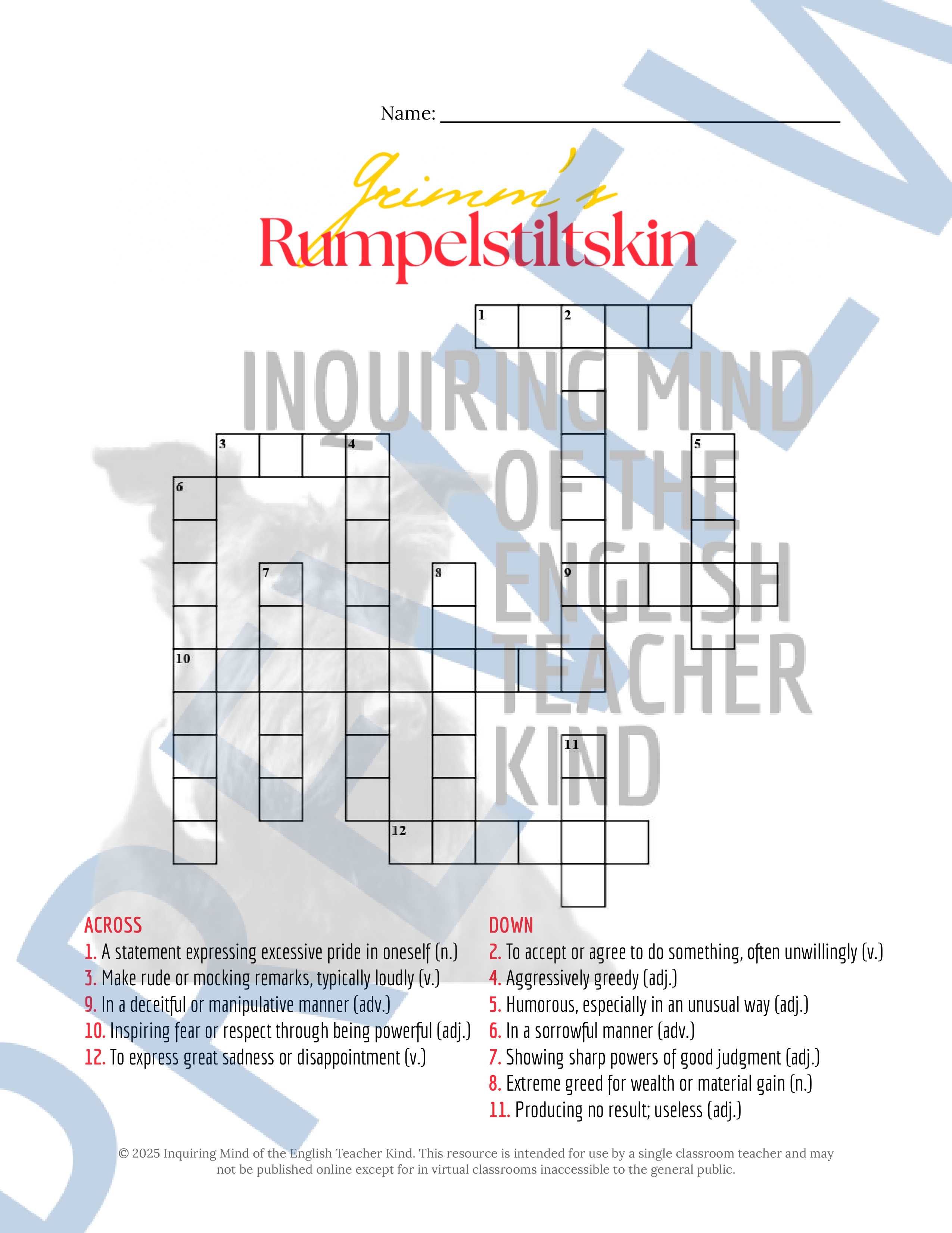 "Rumpelstiltskin" Vocabulary Games (Grimm's Fairy Tale | Fantasy Short ...