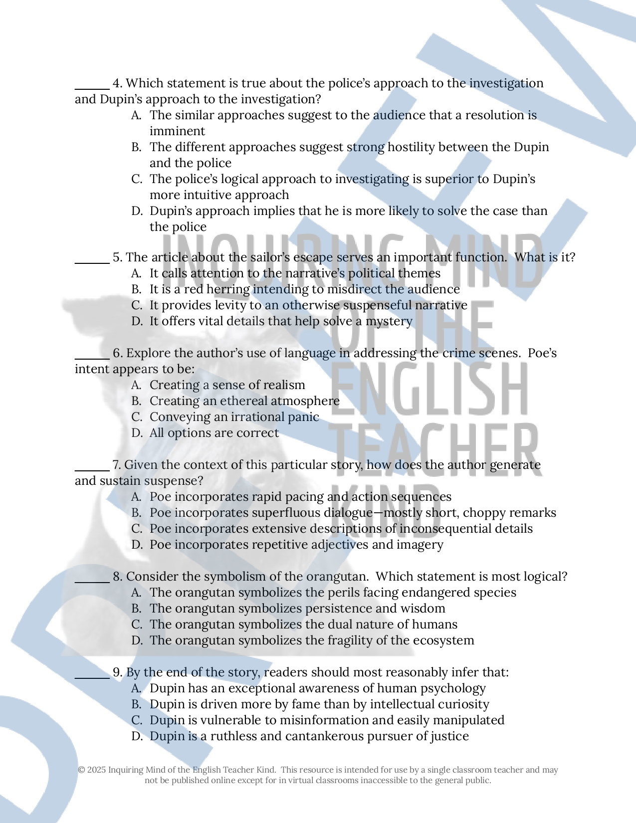 "The Murders in the Rue Morgue" Close Reading Analysis Worksheet ...