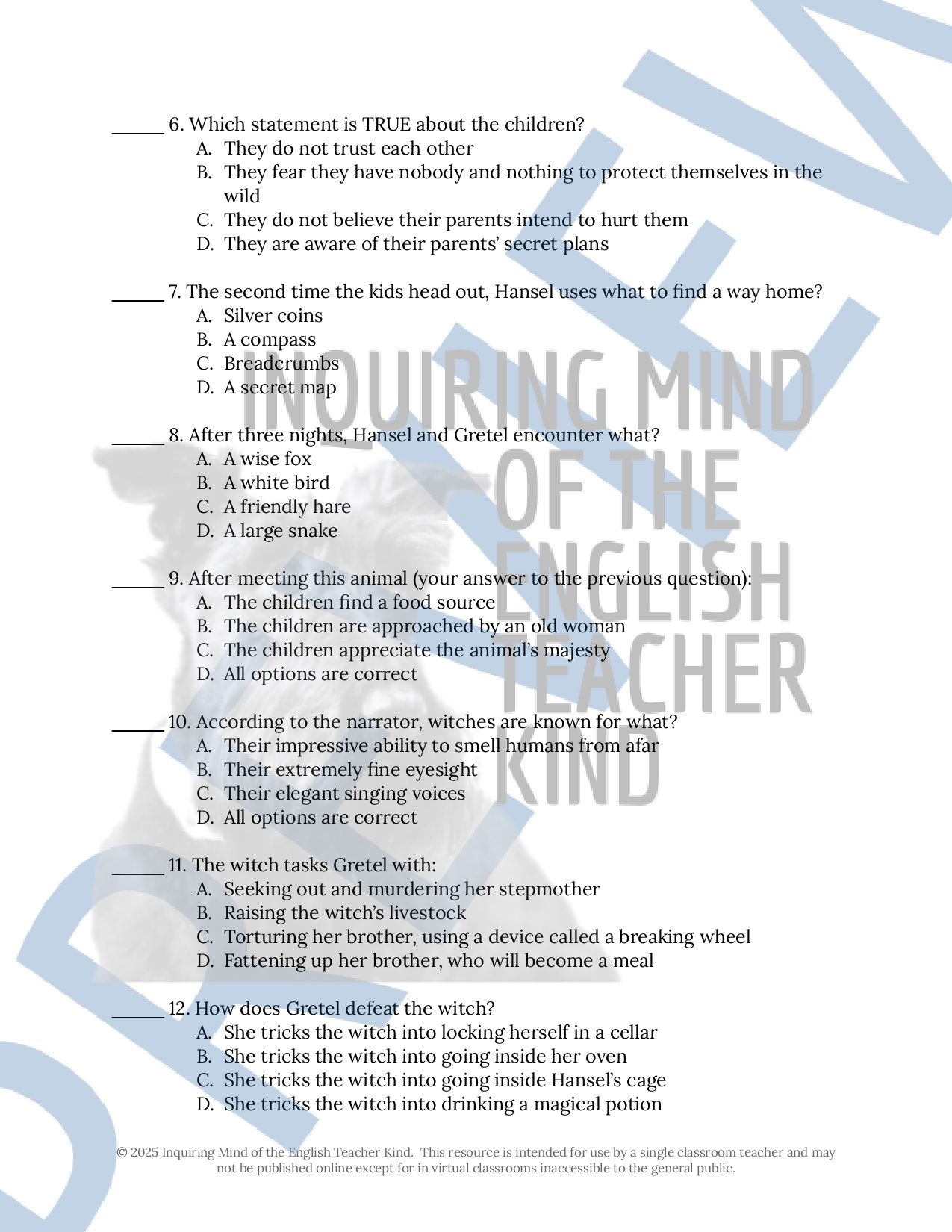 “Hansel and Gretel” Quiz and Answer Key (Grimm's Fairy Tale) | Teaching ...