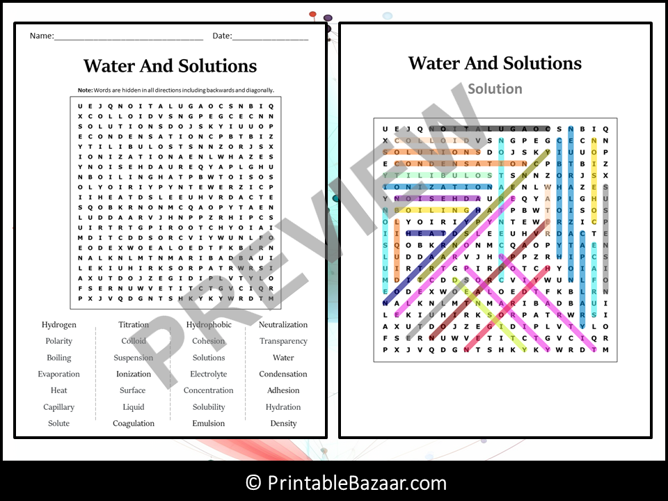Water And Solutions Word Search Puzzle Worksheet Activity | Teaching ...