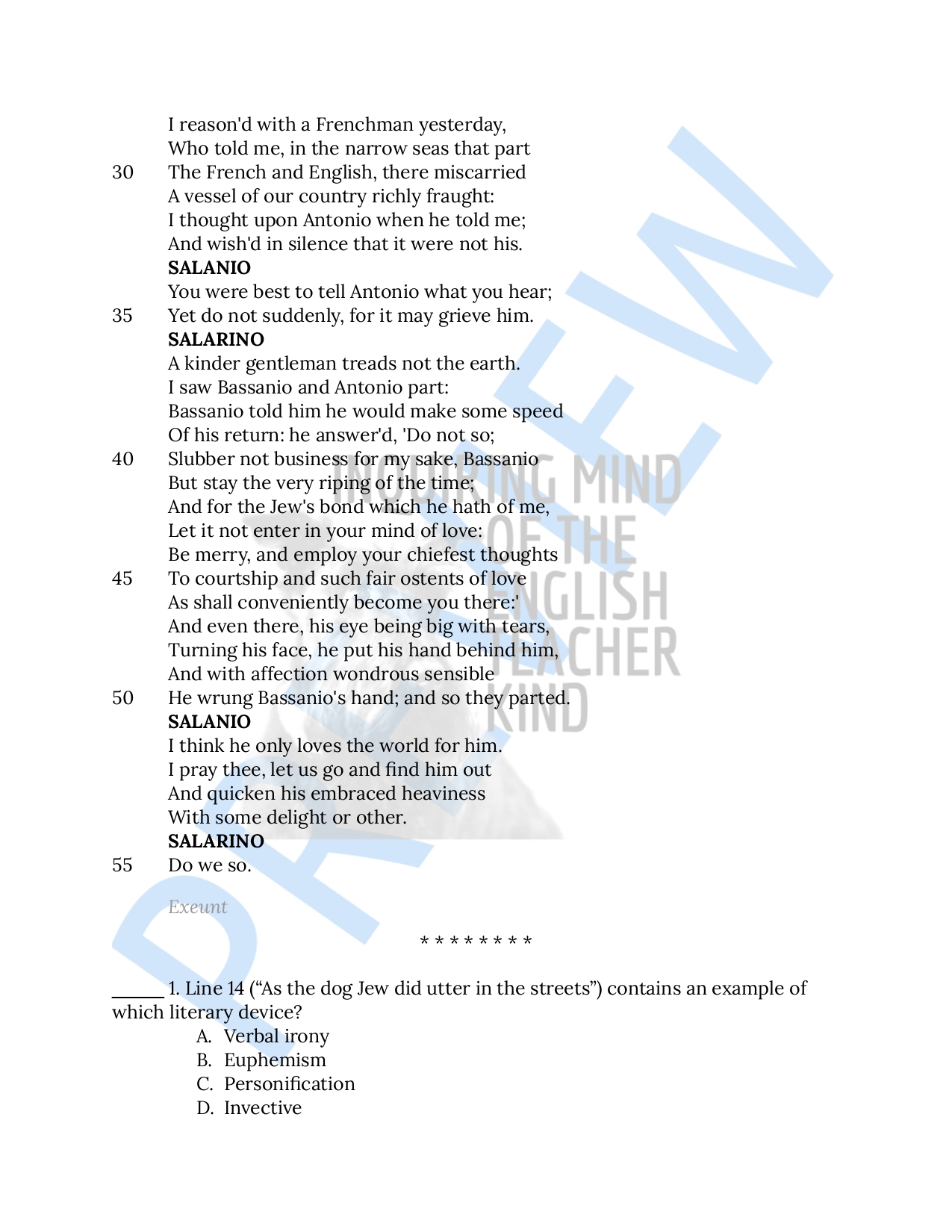The Merchant of Venice Act 2 Scene 8 Close Reading Analysis Activity ...