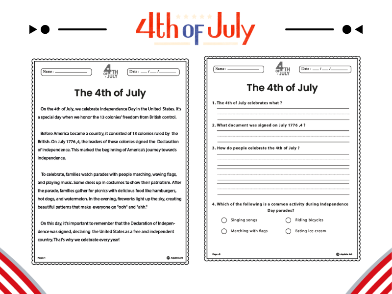 4th of July Reading Comprehension Worksheets for 2nd Grade | Teaching ...