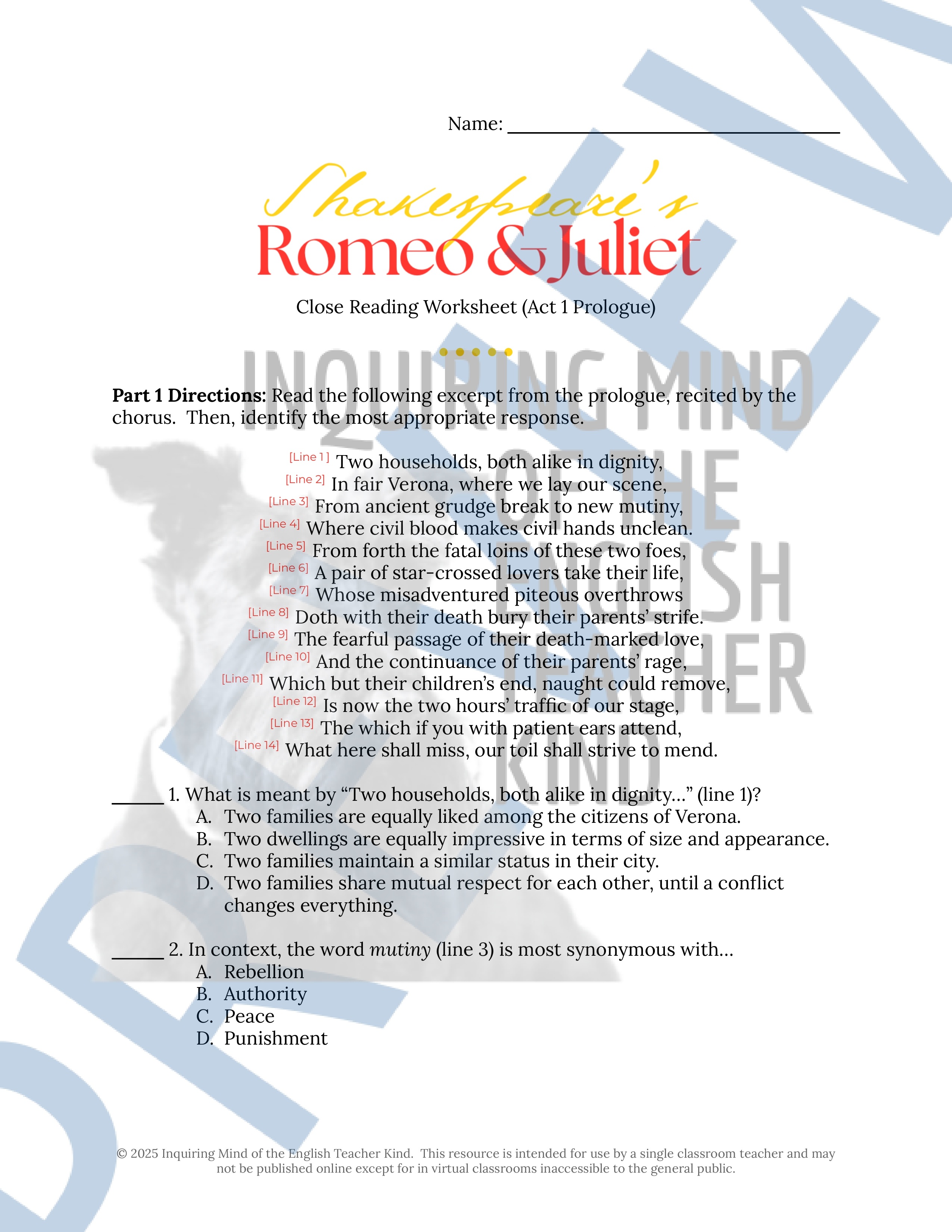 Romeo and Juliet Act 1 Prologue Close Reading Worksheet | Teaching ...