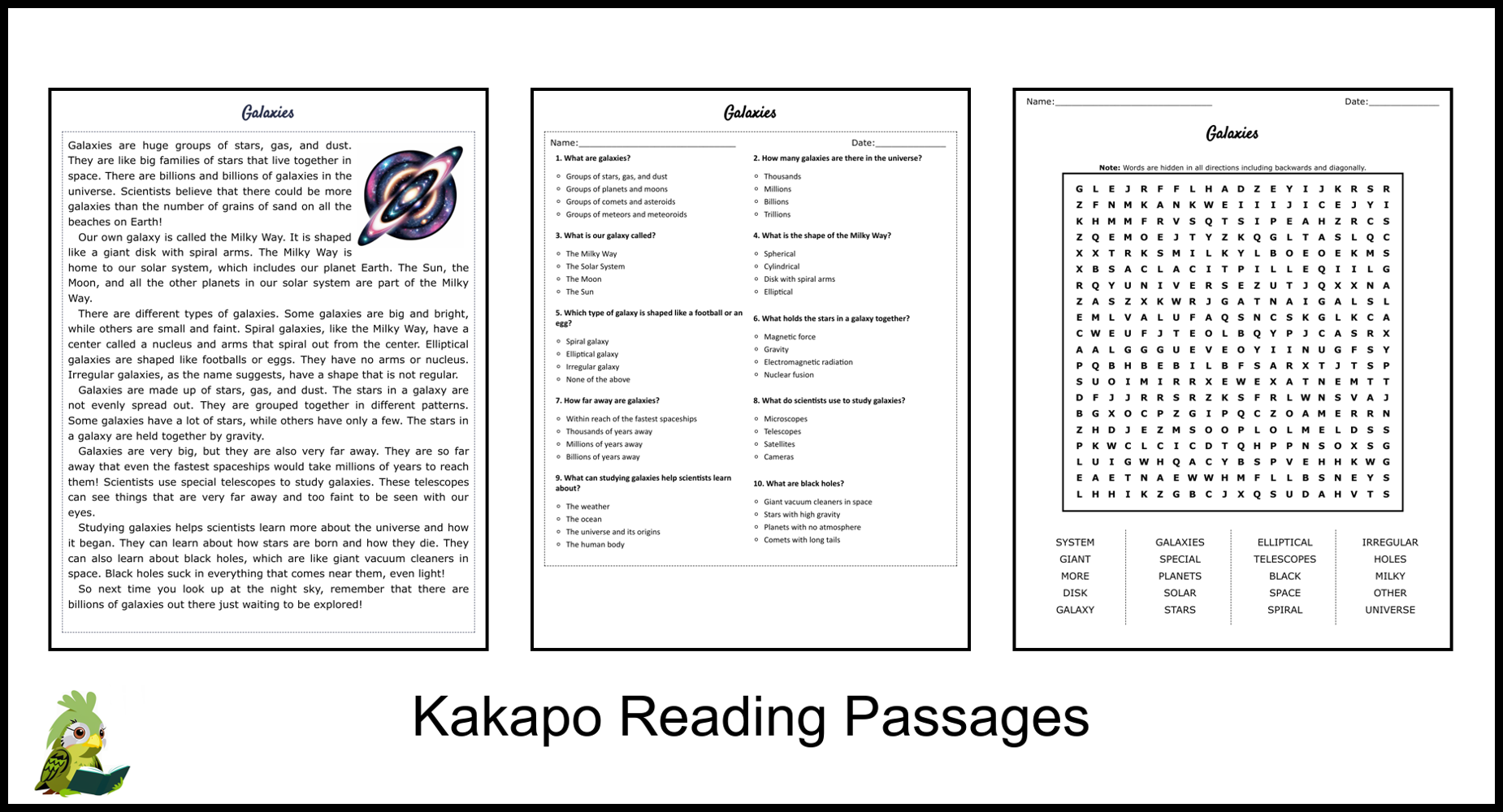 Galaxies Reading Comprehension and Word Search | Teaching Resources