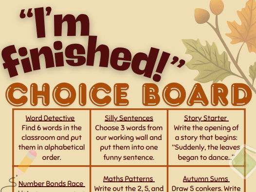 Autumn Early Finisher Choice Board | Teaching Resources
