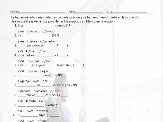 Possessive Pronouns Spanish Worksheet