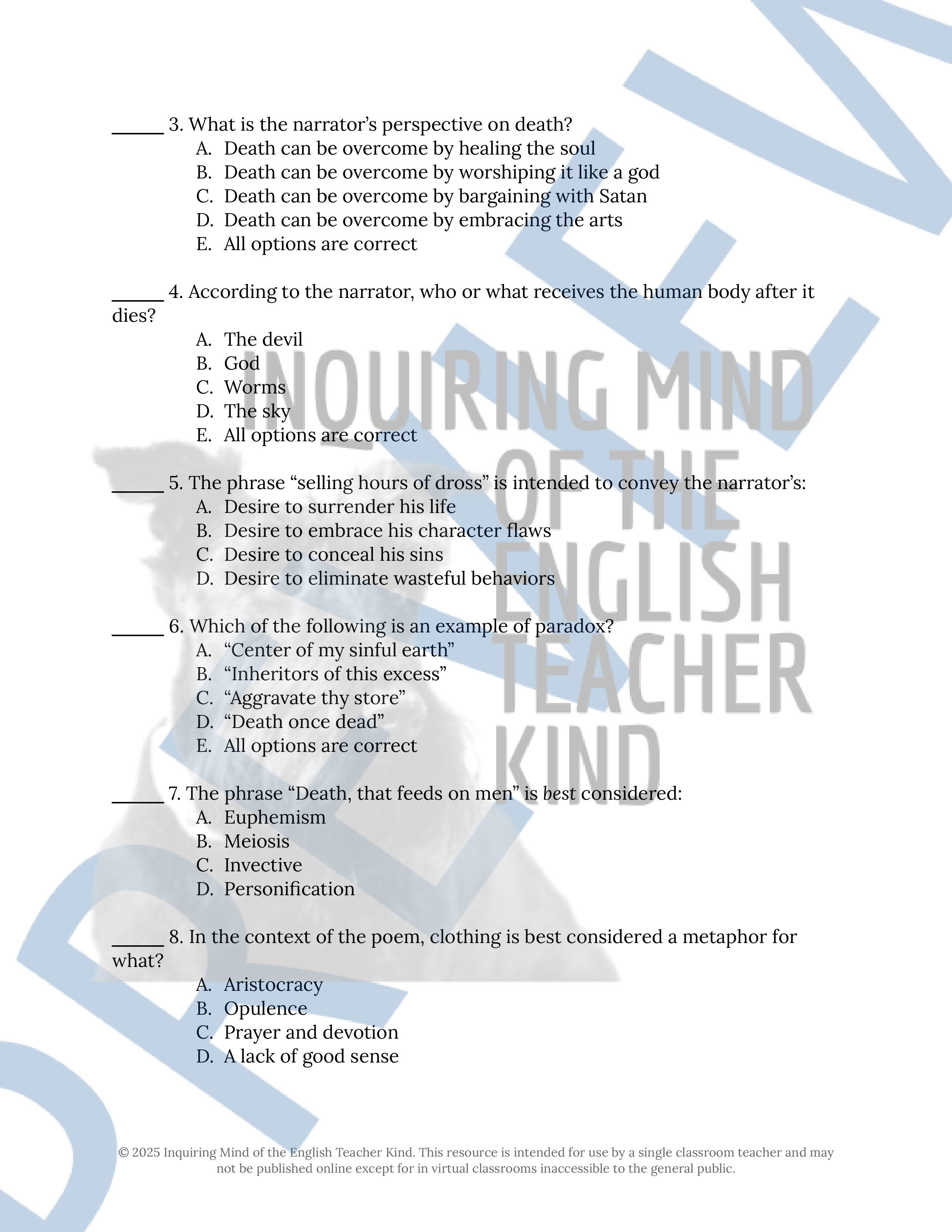 Shakespeare's Sonnet 146 Close Reading Worksheet and Answer Key ...
