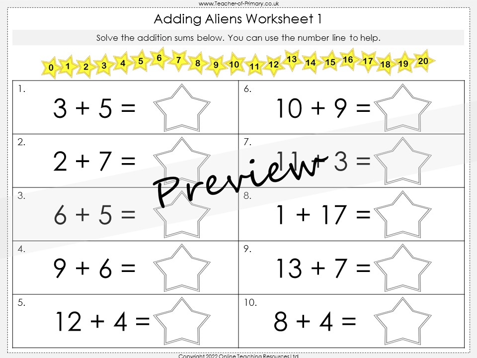 Adding Aliens Adding Numbers To 20 Year 1 Teaching Resources