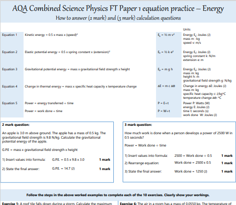 AQA Combined Science Physics Paper 1 FT Energy calculation questions ...