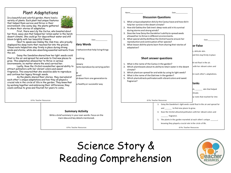 Plant Adaptations Reading Science Story Comprehension Questions ...