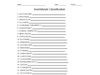 Invertebrate Classification Word Scramble for Invertebrate Biology ...