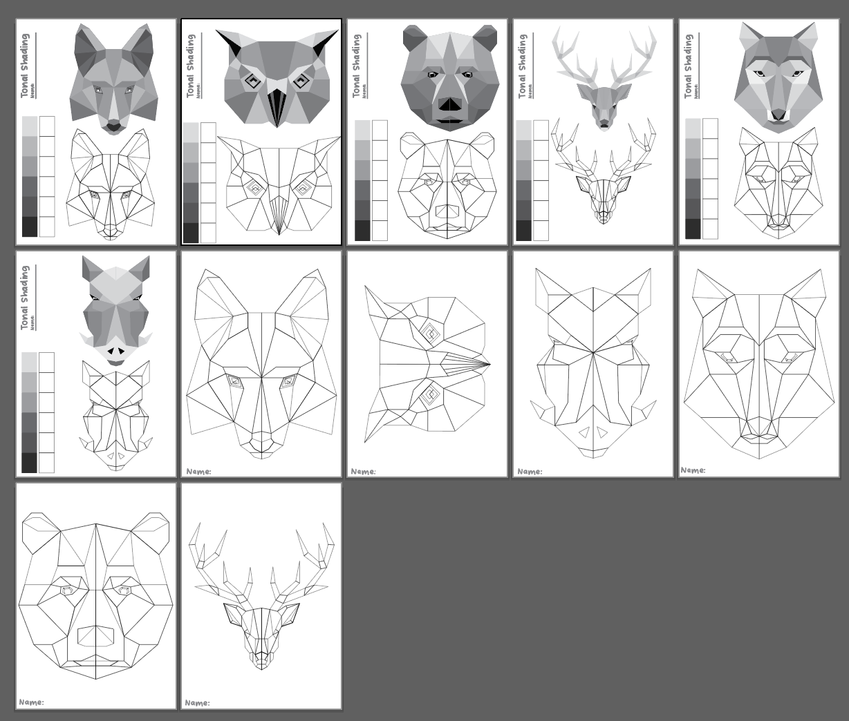 Geometric Animal Shading Worksheets | Tonal Value Art Activities ...
