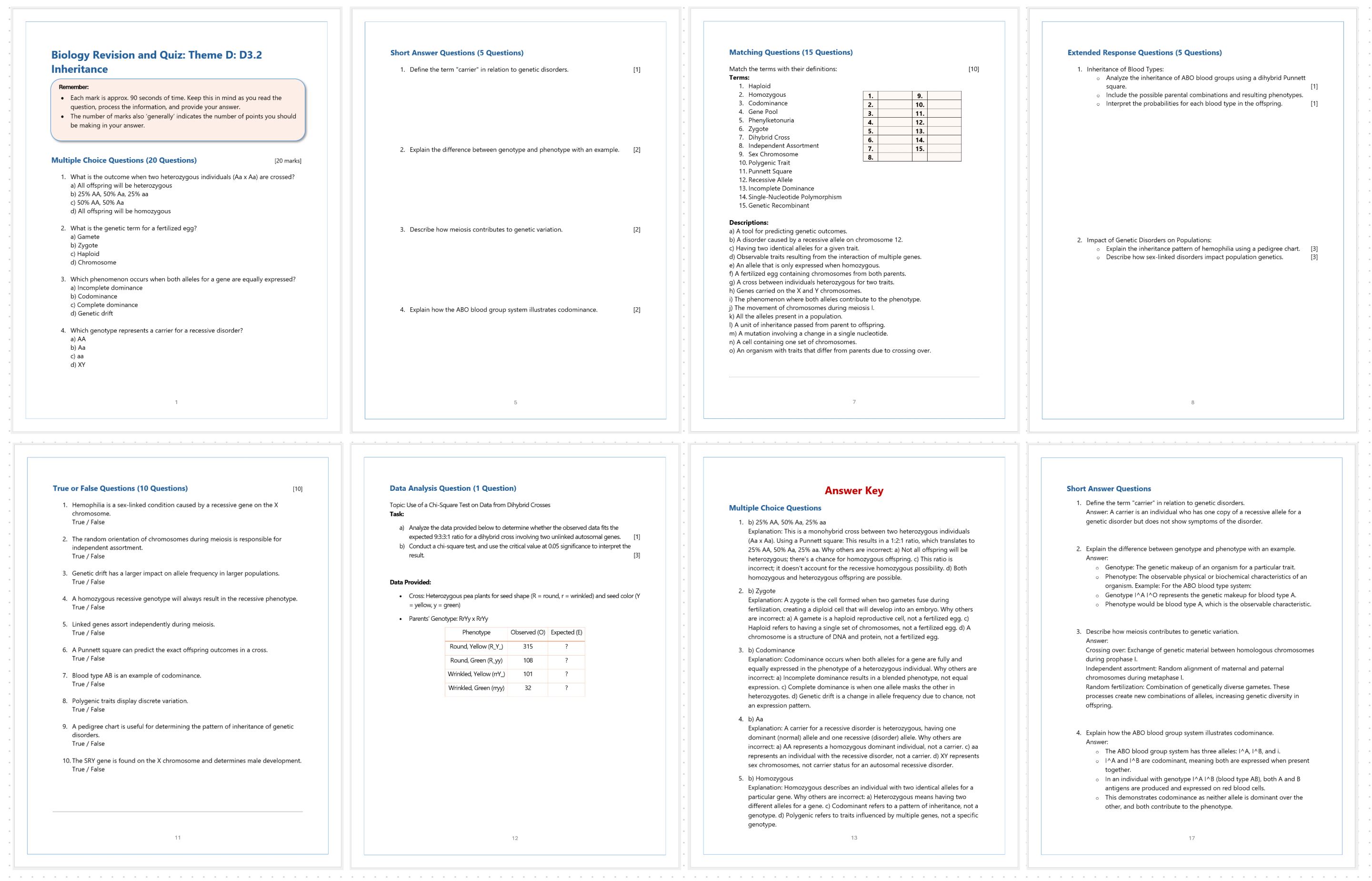 IB DP Biology D3.2 Inheritance Quiz and Revision Worksheets 2026 ...