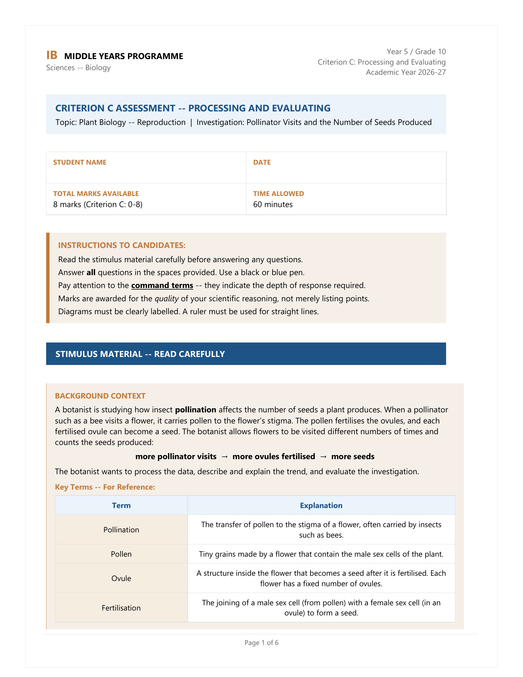 MYP Grade 10 Biology: 3 Criterion C Assessment Tasks - Plant Biology ...