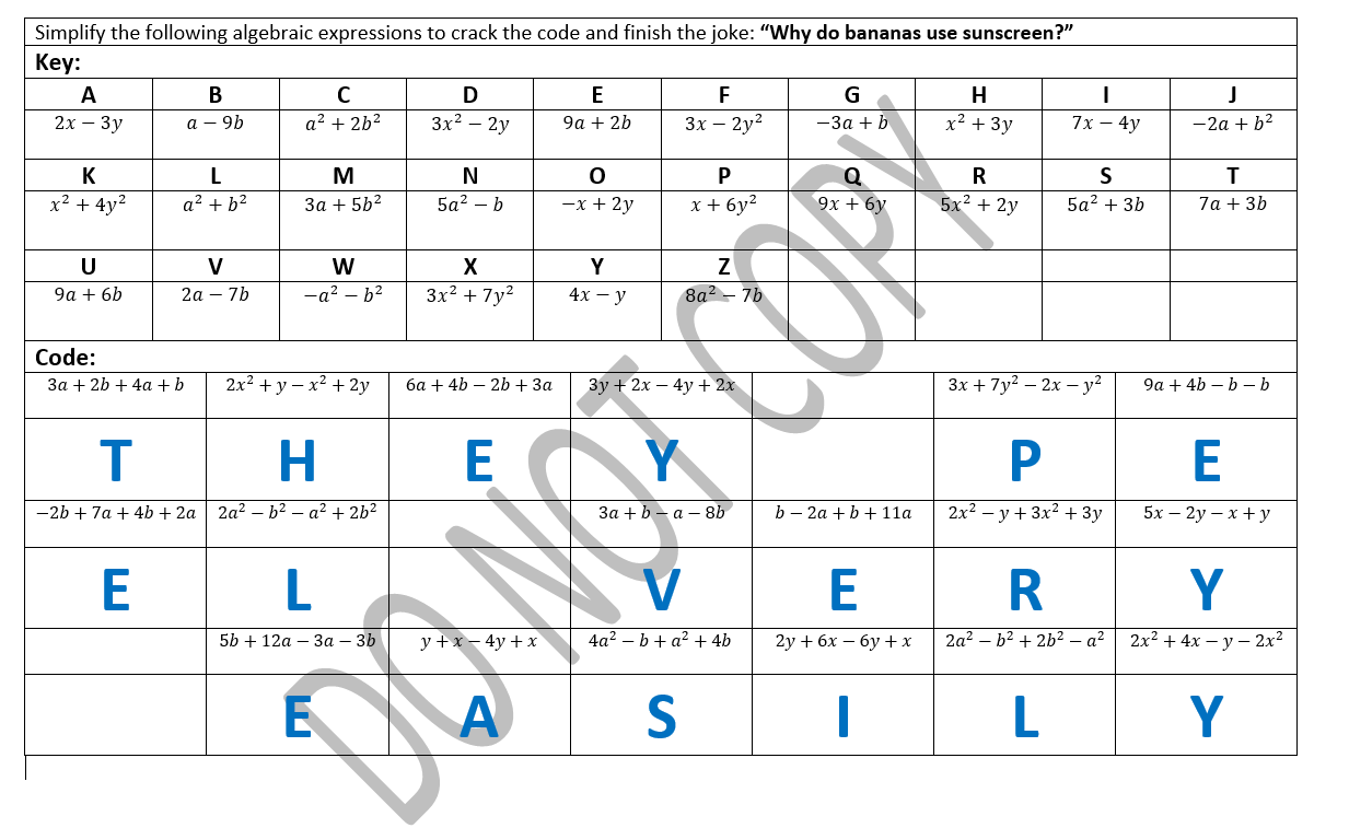 Collecting like terms codebreaker | Teaching Resources