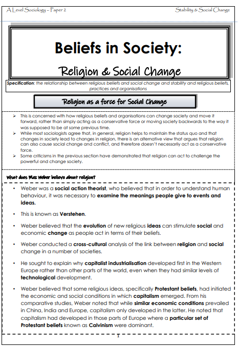 AQA A level Sociology - Beliefs in Society - Religion & Social change ...