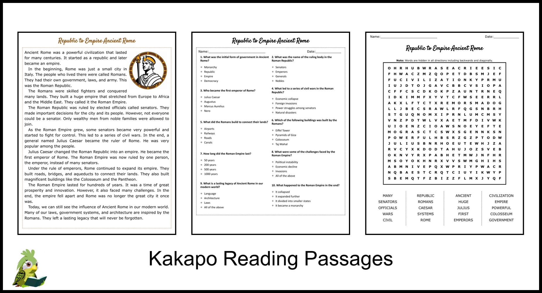Republic to Empire Ancient Rome Reading Comprehension and Word Search ...