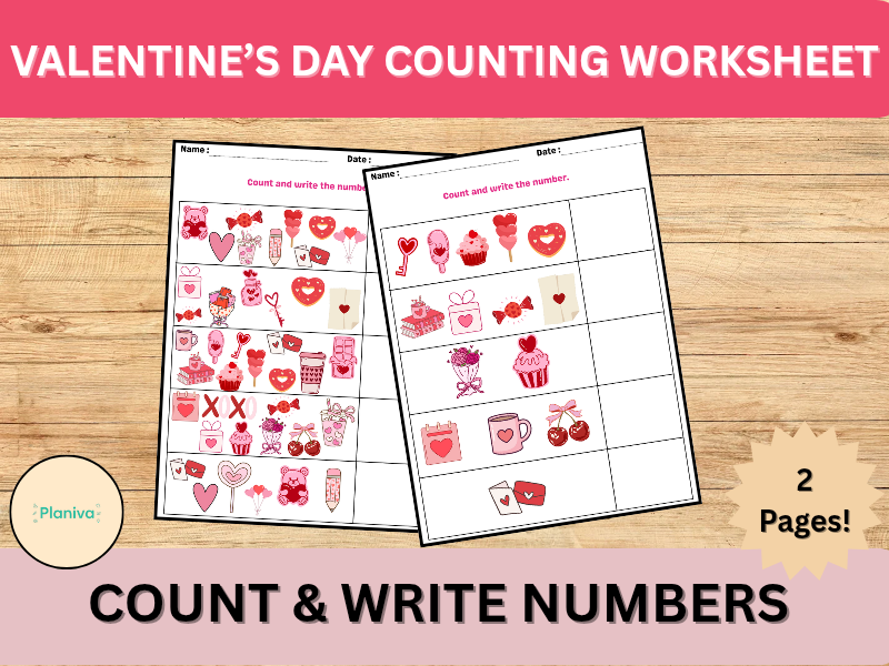 Valentine’s Day Counting Worksheet | Count & Write Numbers | Preschool ...