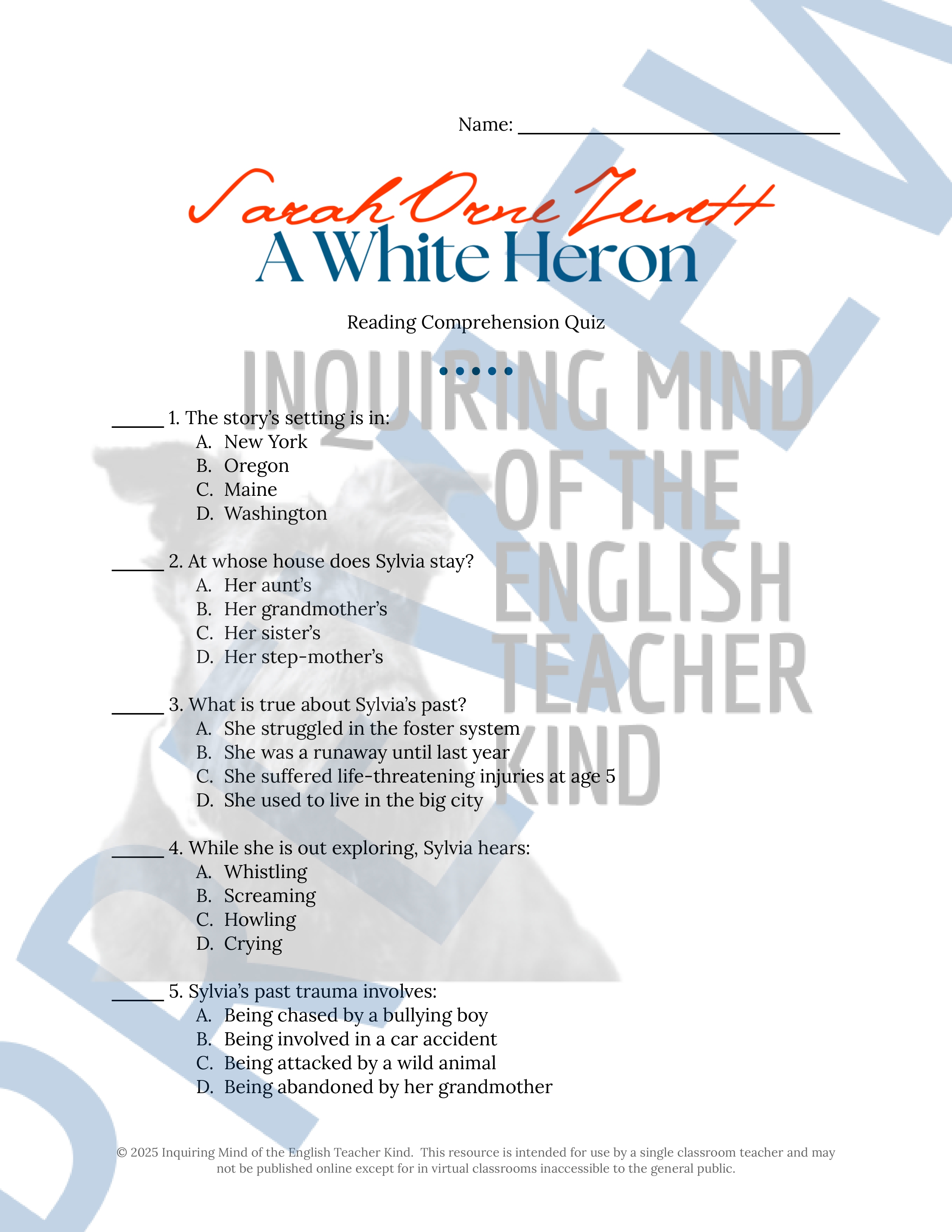 "A White Heron" by Sarah Orne Jewett Quiz and Answer Key (Short Story ...