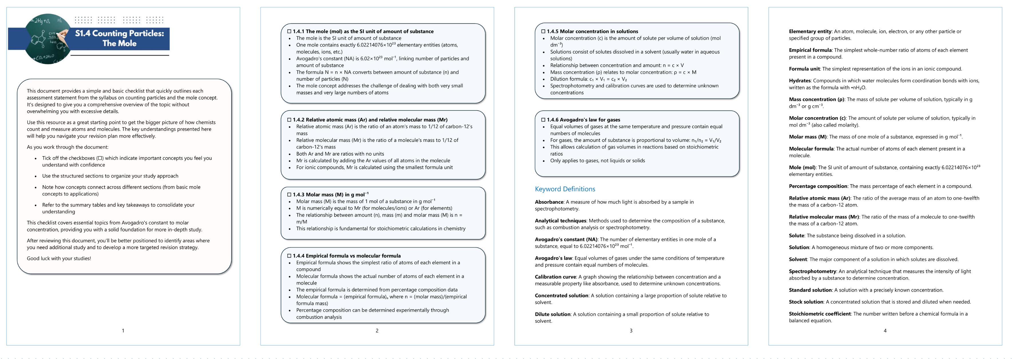 IB DP Chemistry S1.4 Counting The Mole: Condensed Topic Revision Notes ...