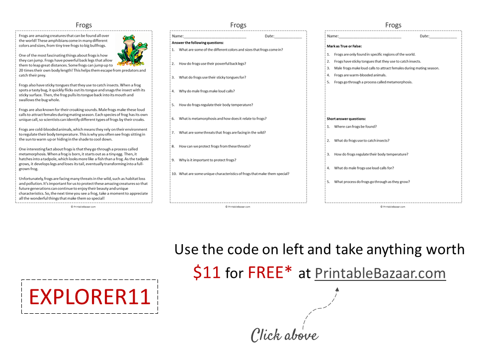 Frogs Reading Comprehension Passage Printable Worksheet | Teaching ...