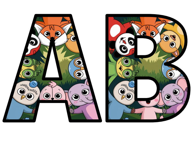 Colorful Creatures Animals Team Together Work Lettering Set Display ...