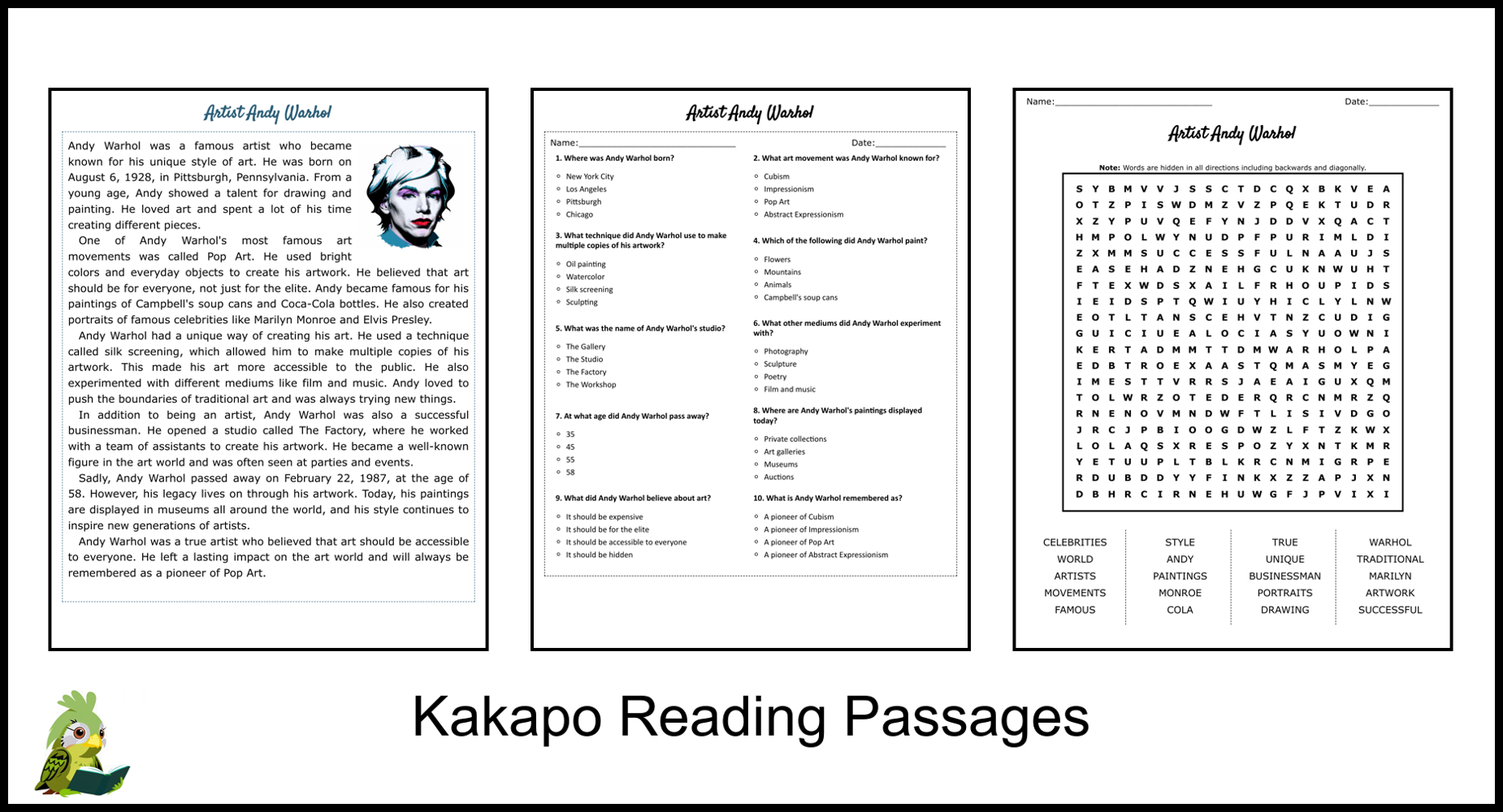Artist Andy Warhol Reading Comprehension and Word Search | Teaching ...
